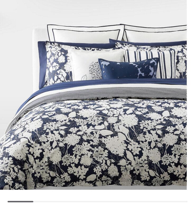 Lauren Ralph Lauren Navy Blue Floral Reese Full Queen 3 pc Duvet Cover Set Shams Grey White