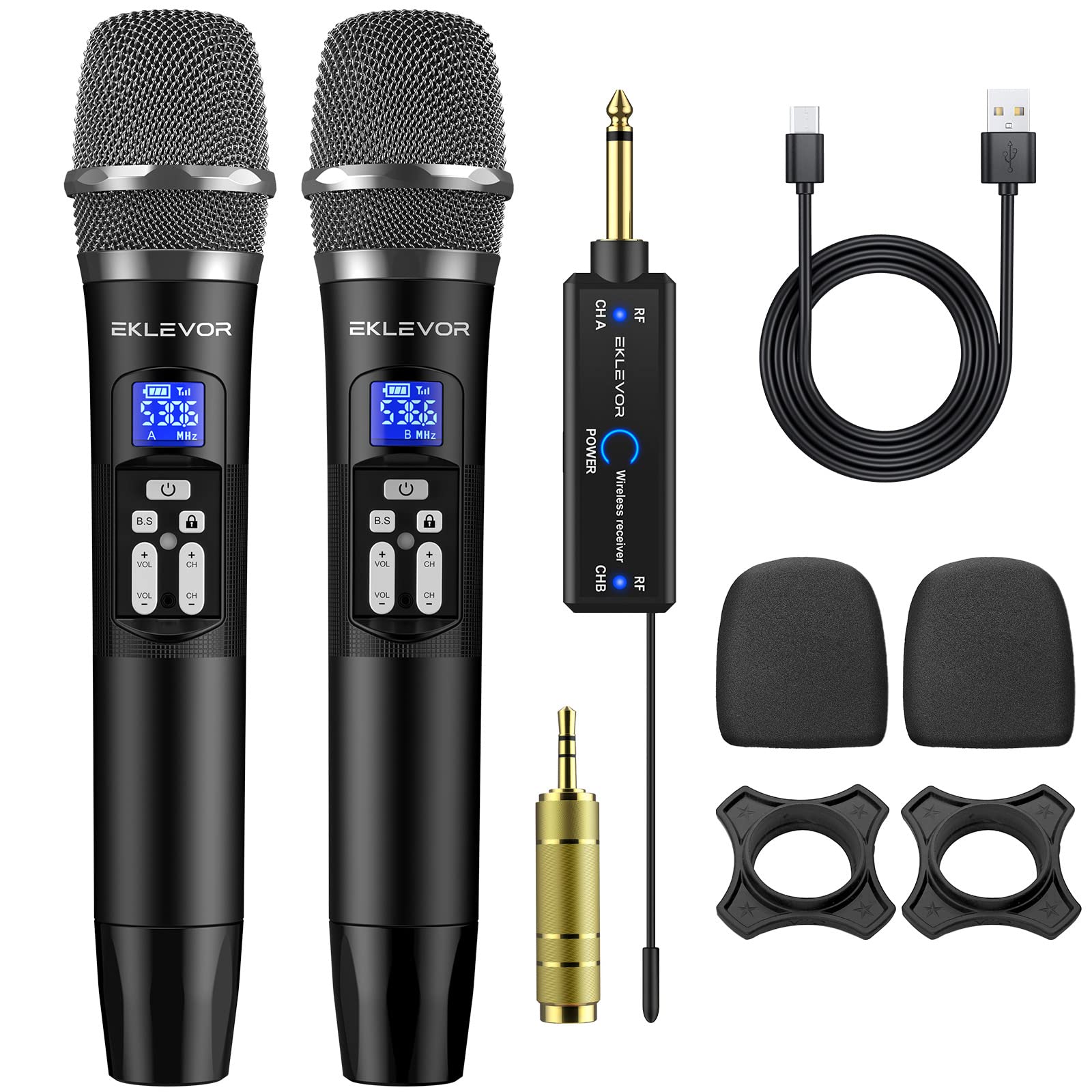 EKLEVOR Wireless Microphone, Portable UHF Handheld Karaoke Dynamic Microphone System with Rechargeable Receiver,160ft Range 2X25 Channels Karaoke Mics Set for Singing, Wedding, Speech, AMP