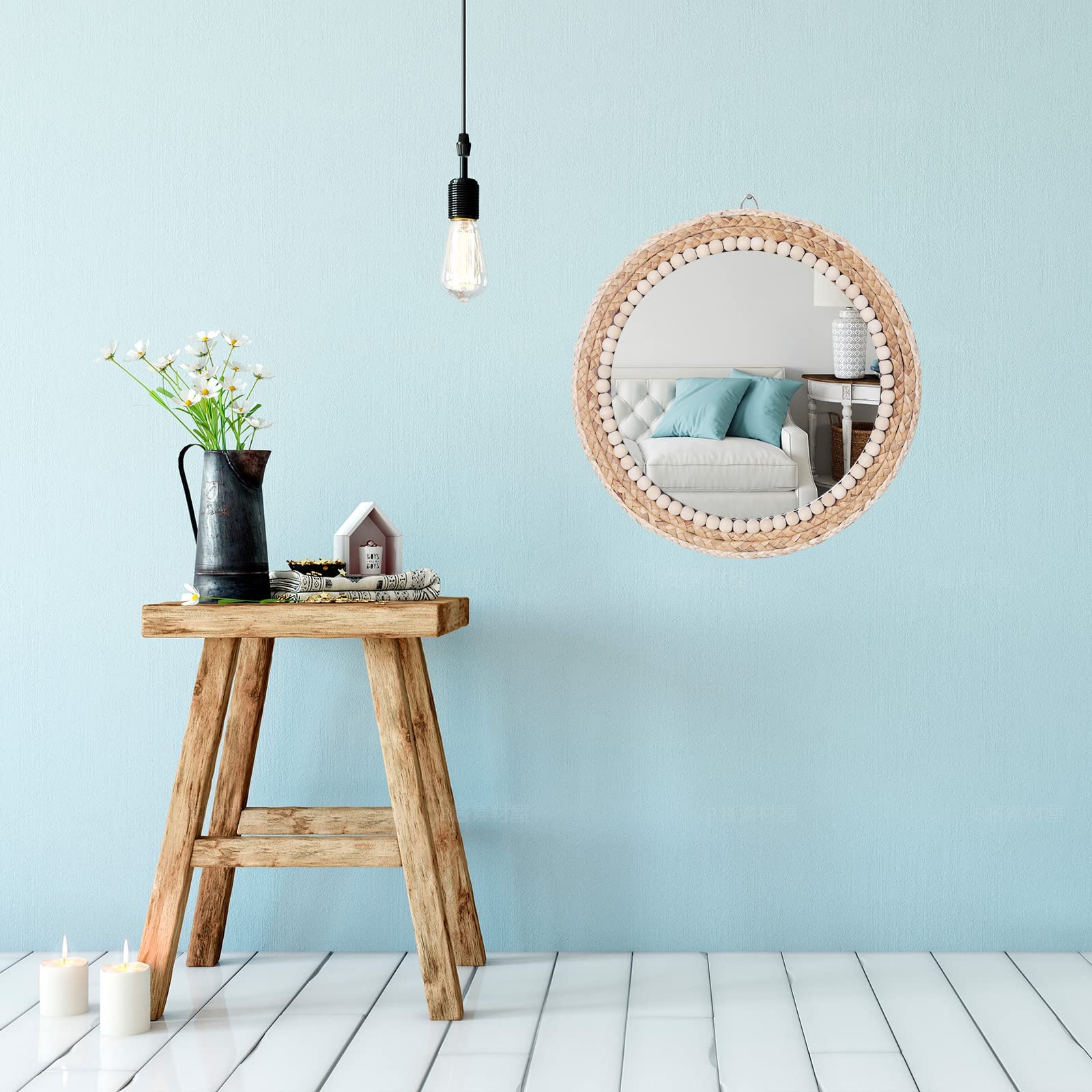 SWTHONY 15 Inch Boho Round Hanging Wall Mirror Decorative Rattan Circle Wall Mounted Mirror for Farmhouse, Living Room, Bedroom, Bathroom