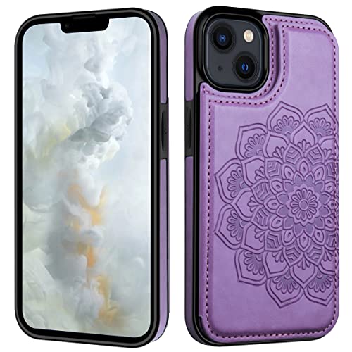 MMHUO for iPhone 14 Plus Case with Card Holder, Flower Magnetic Back Flip Case for iPhone 14 Plus Wallet Case for Women, Protective Case Phone Case for iPhone 14 Plus,Purple