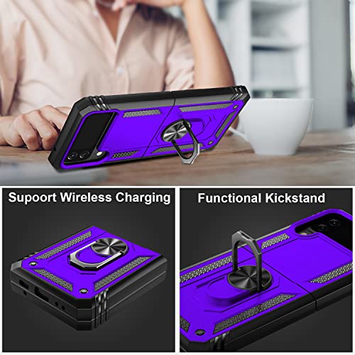 IKAZZ Galaxy Z Flip 3 Case,Samsung Z Flip 3 Cover Military Grade Shockproof Heavy Duty Protective Phone Case Pass 16ft Drop Test with Magnetic Kickstand Holder for Samsung Galaxy Z Flip 3 Purple