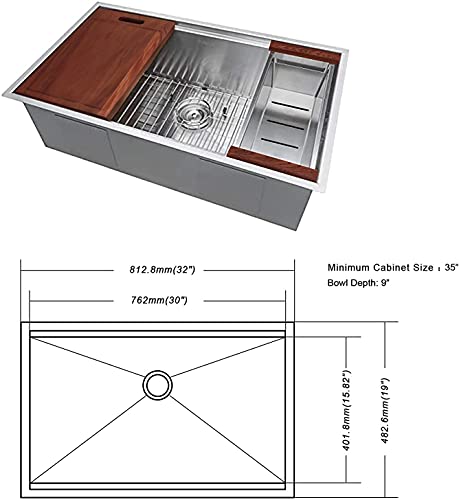 Hausinluck 32 inch Workstation Undermount Kitchen Sink, Stainless Steel Undermount Kitchen Sink 18 Gauge, Handmade Modern Single Bowl Deep Kitchen Sink with Ledge and Accessories (Pack of 5)
