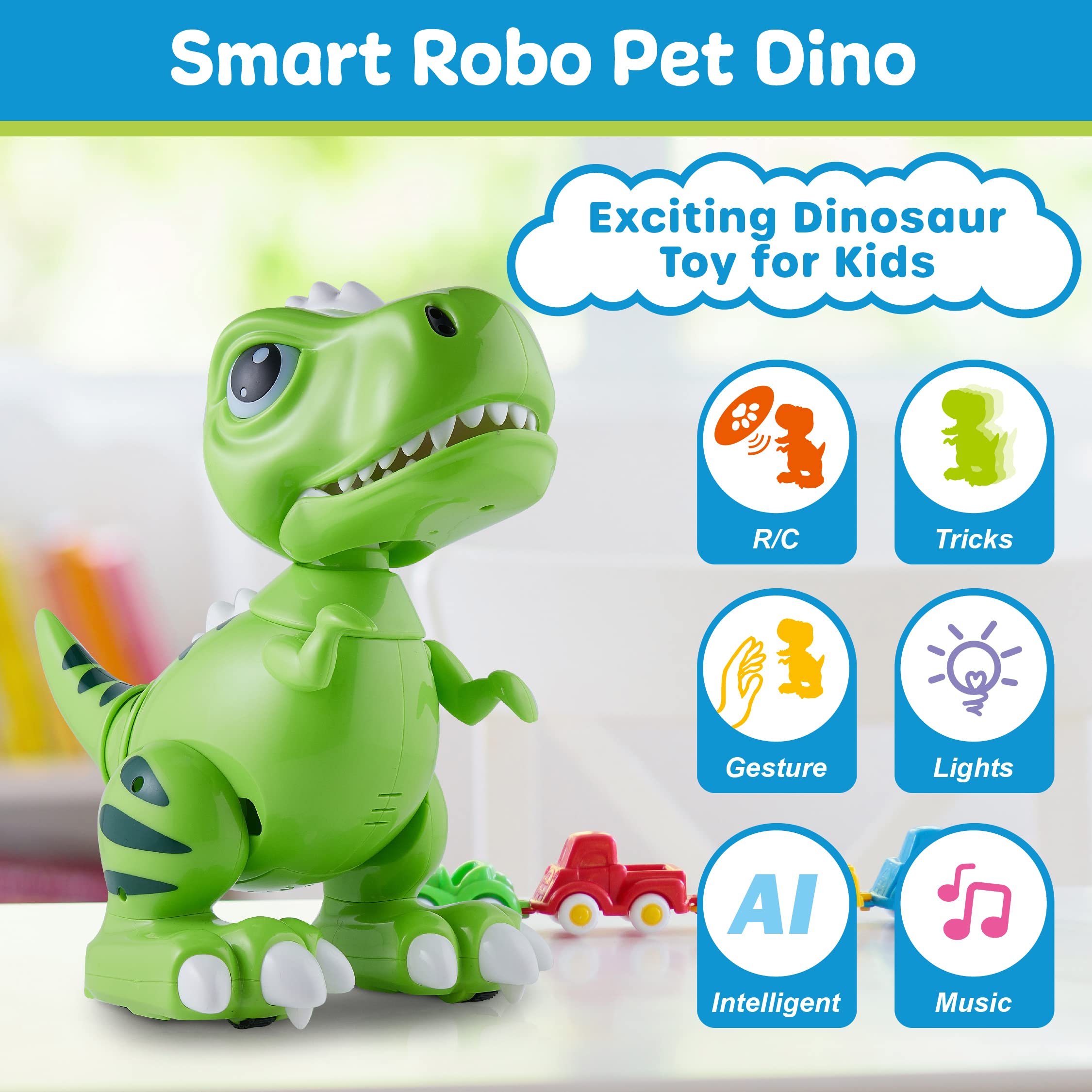 Robo Pets T-Rex Dinosaur Toy for Boys and Girls - Remote Control Robot Toy with LED Light Eyes, Interactive Hand Motion Gestures, STEM Toy Program Treats, Walking and Dancing Robot Dinosaur Kids Toy