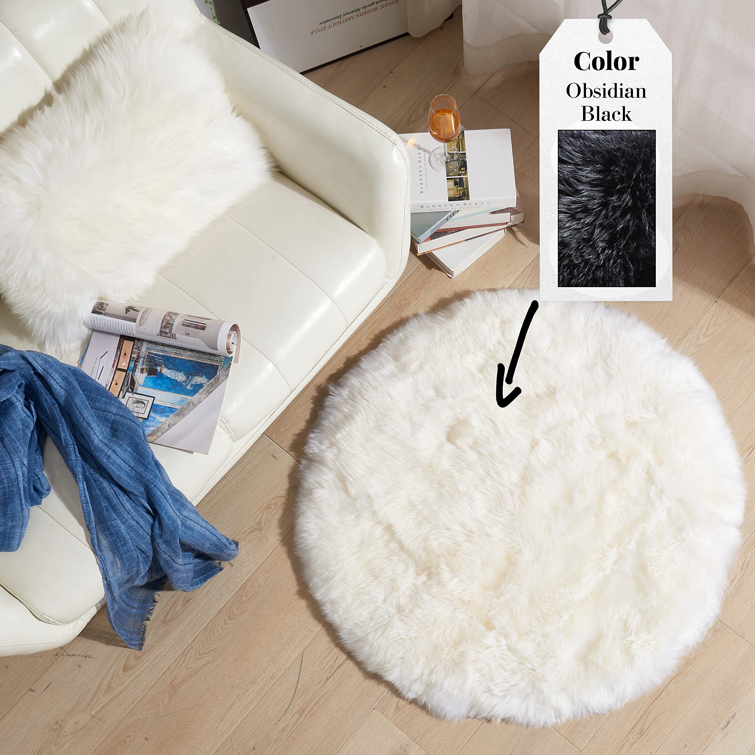 Outlavish Sheepskin Rug Genuine Real Wool Fur, Luxury New Zealand Pelts, Natural Silky Soft Lamb Skin, Thick & Fluffy, Bedroom & Living Area, Seat Cover Throw, 3 ft Round ICY Lagoon