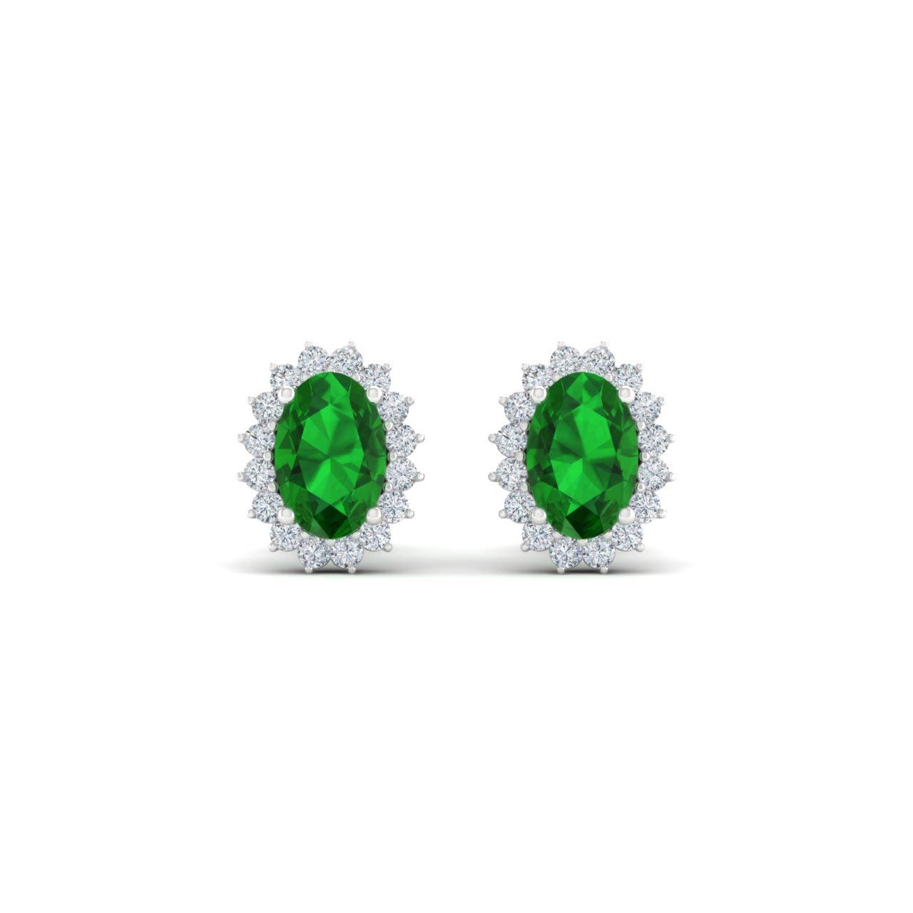 Diamondere Natural and Certified Oval Cut Emerald Halo Diamond Petite Earrings in 14K White Gold | 1.13 Carat Earrings for Women