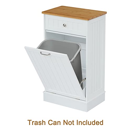 Kinsuite Tilt Out Trash Bin - White Wooden Trash Cabinet, Free Standing Kitchen Trash Can, Holder & Recycling Cabinet with Hideaway Drawer, Removable Bamboo Cutting Board