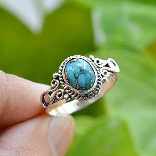 Customised Silver Rings/Blue Copper Turquoise Oval Shape Gemstones/Birth Gemstone/Wedding Ring Size 5 us to 12 us-1139 (5.5)