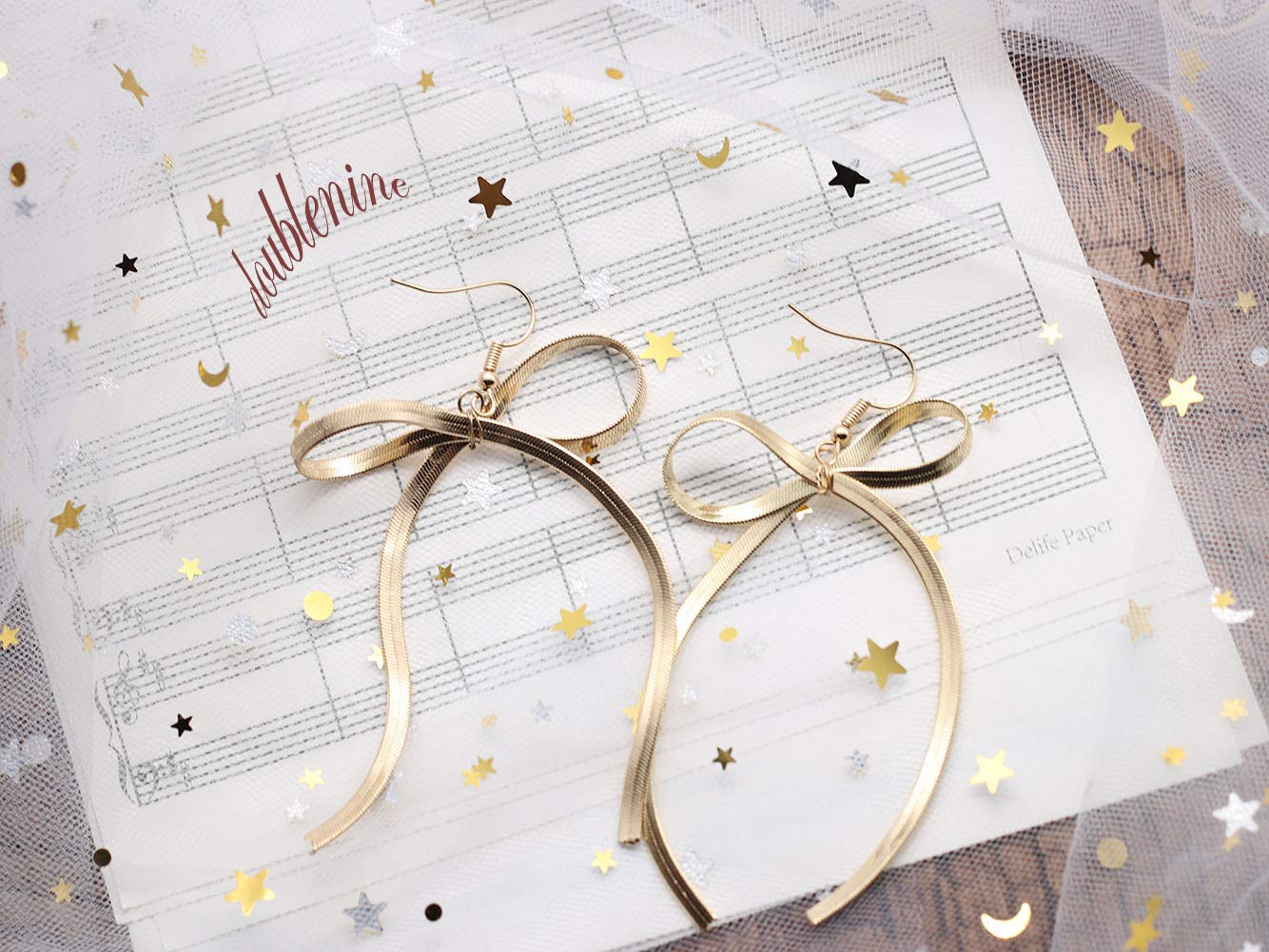 Doubnine Bow-Knot Ribbon Drop Dangle Earrings Handmade Minimal Snake Chain Textured Sweet Jewelry for Women