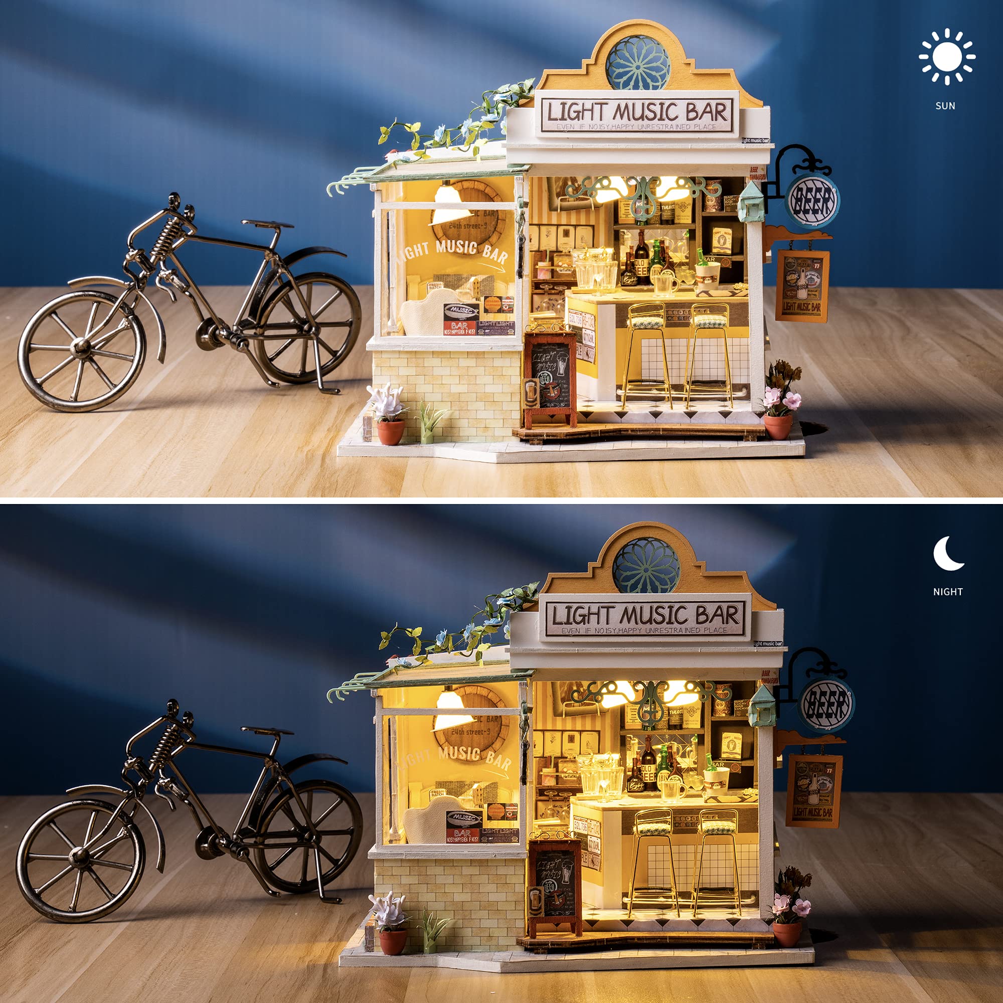 ROBOTIME DIY Dollhouse Miniature Wooden Light Music Bar Kit with LED to Build Miniature Craft Kits for Adults Decent Gift