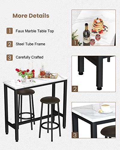 Recaceik Dining Table Set, 39.4β Rectangle Pub Dining Set Kitchen Table Set Bar Table with Stools, 3-Piece Breakfast Table Set with Metal Frame for Kitchen Dining Room w/ 2 Chairs - White