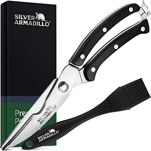 Heavy Duty Stainless Steel Poultry Shears For Bone, Chicken, Meat, Fish, Seafood, Vegetables. Premium Spring Loaded Food Scissors. One piece Kitchen Shears. (Black Wooden Handles)