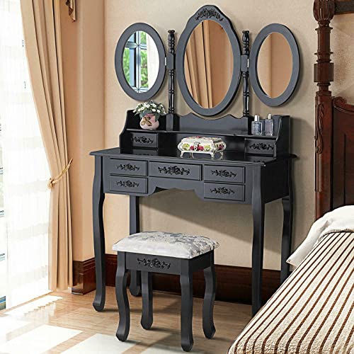 OTHZON Vanity Makeup Table 3 Mirror 7 Drawer Vanity Makeup Table Dressing Wood Desk Set with Stool Black GPJCFCDUS