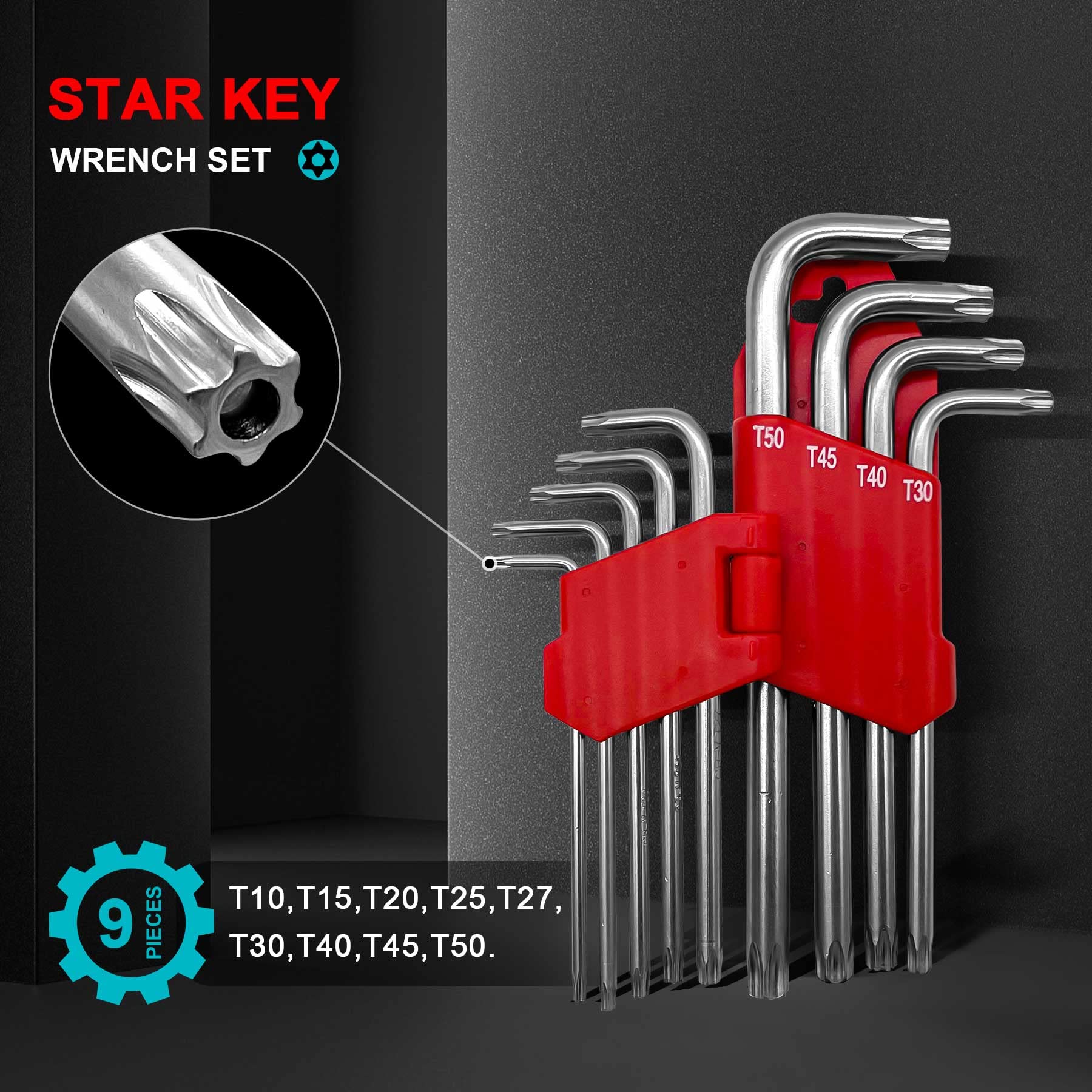 HAUTMEC Star Key Wrench Set, 9-Piece Torx Star Wrenches- Chrome Vanadium Steel and Drilled tips for Tamper Resistant Fasteners, HT0222-SS