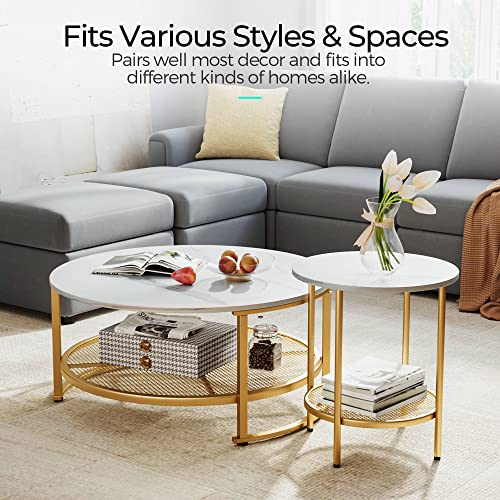 LINSY HOME Round Coffee Table for Living Room, Modern Coffee Table with Open Storage,Wood Surface Top & Sturdy Metal Legs Large Circle Coffee Table for Stylish Design Home,White and Gold