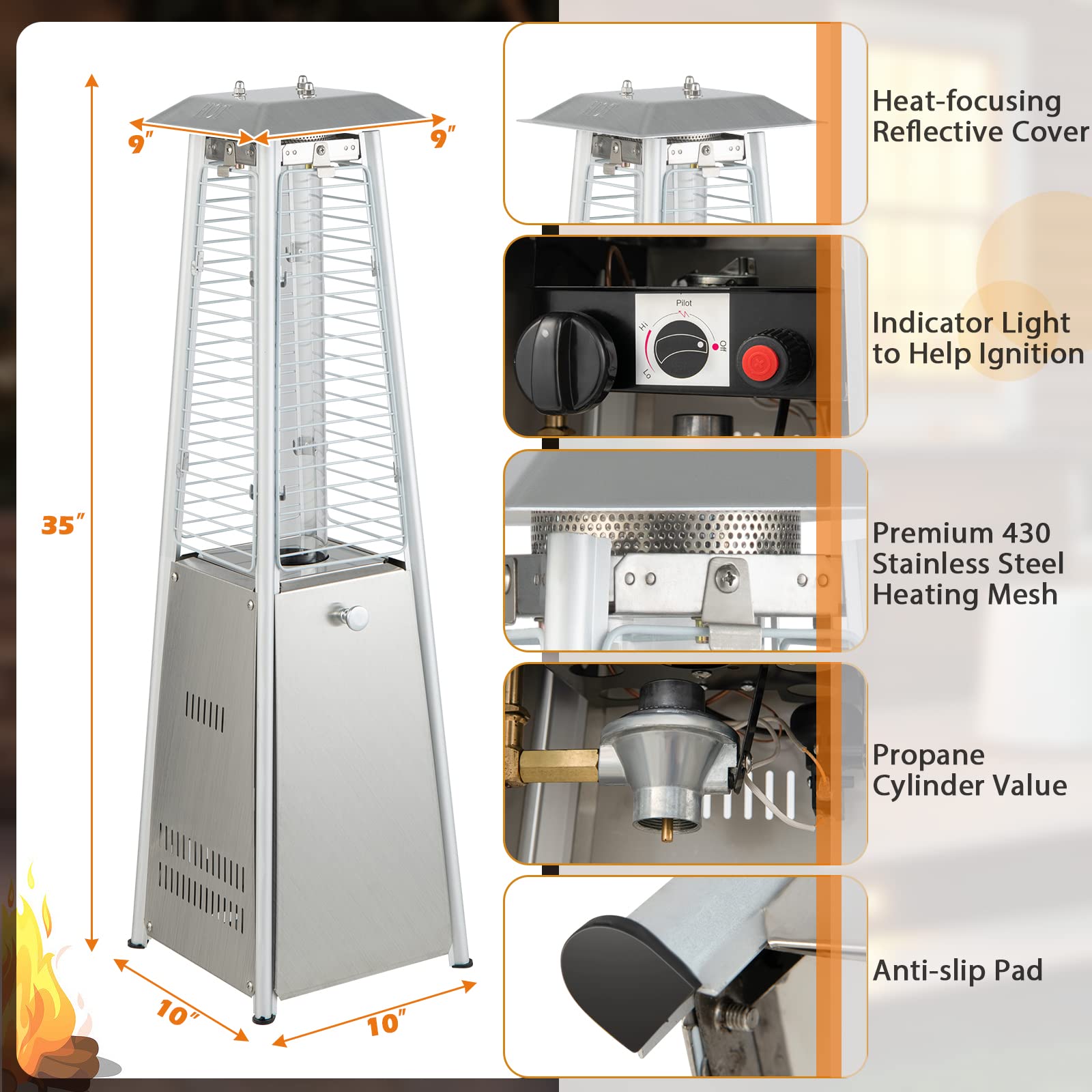 Giantex Pyramid Patio Heater, 9500 BTU Portable Tabletop Propane Heater with Glass Tube, Simple Ignition System & Dancing Flame, CSA Certification, 35" Outdoor Electric Heater for Outside, Backyard