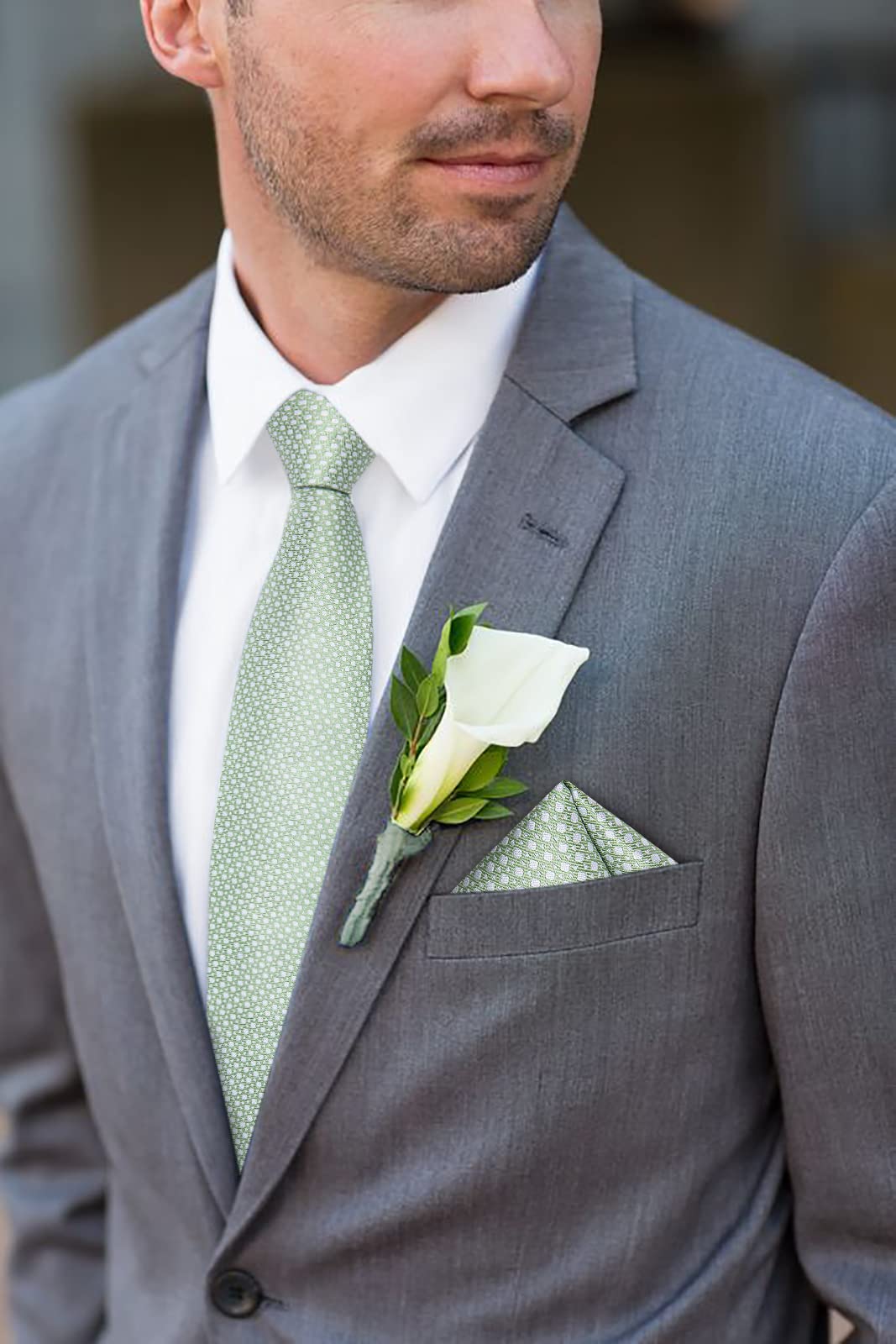 DiBanGu Mens Tie Set Silk Solid Paisley Necktie and Pocket Square Cufflinks Classic Formal Ties for Men Wedding Party, Sage Green