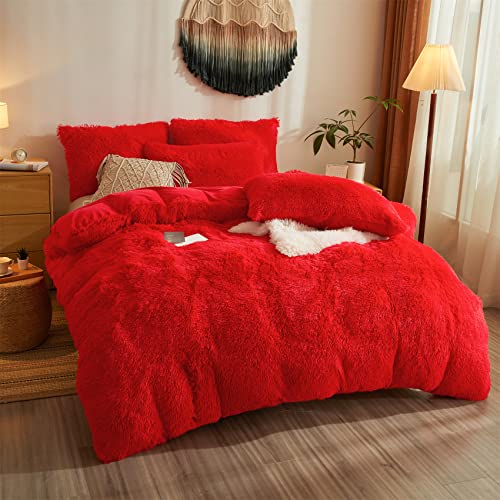 Red Fluffy Comforter Cover Shaggy Plush Set,Ultra Soft Faux Fur Duvet Cover Bedding Sets Queen 3 Pieces with Pillow Cases, red Fuzzy Bed Set Zipper Closure (Red, Queen)