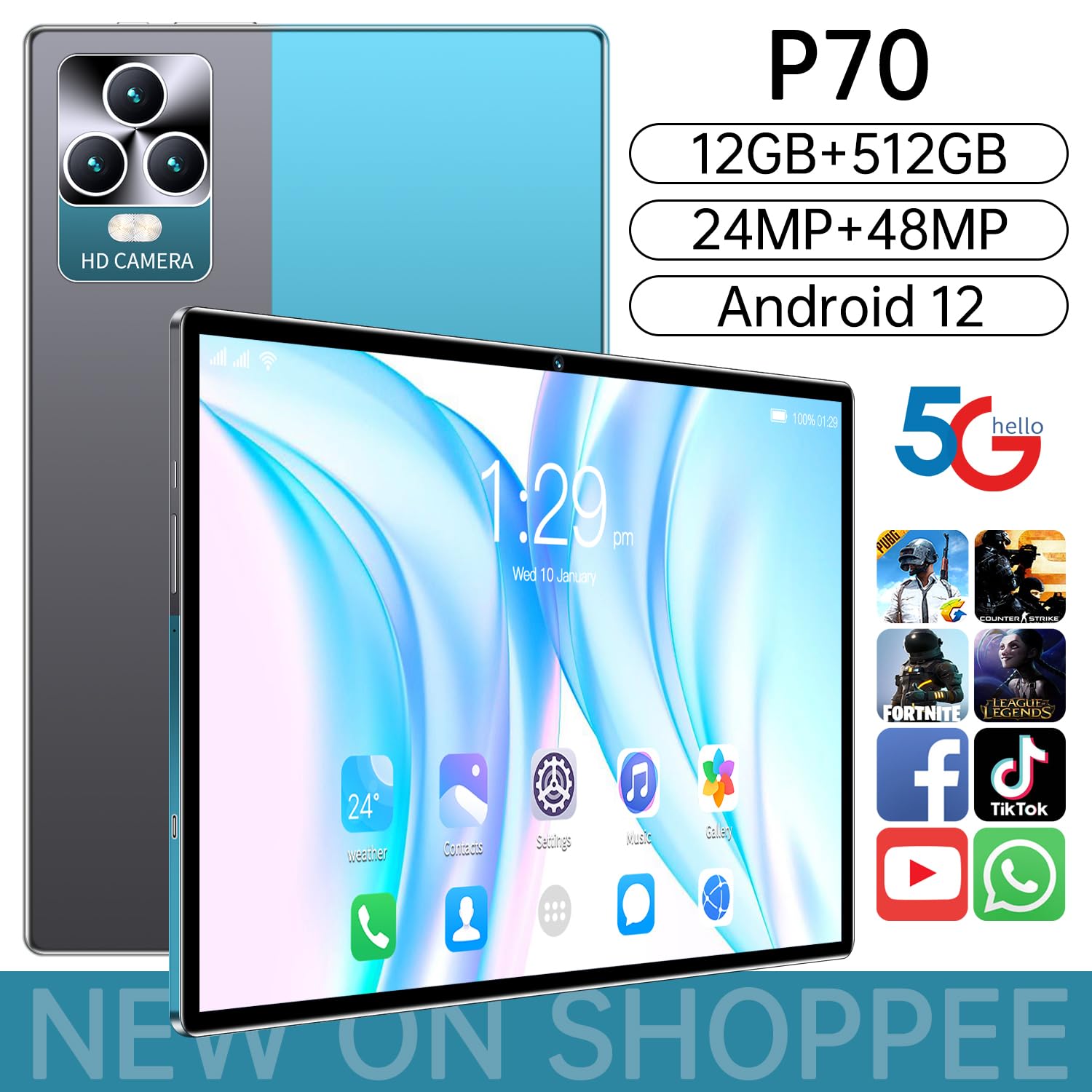 deriny P70 HD10 inch Android Tablet,1080p Full HD,Long Battery Life,Dual Camera,6GB RAM 128GB ROM,Dual SIM,WiFi,GPS,Bluetooth,Fire HD Kids Tablet,Widely Compatible with App(Blue)