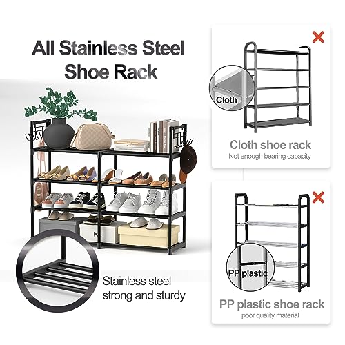 MOCINE 4-Tier Shoe Rack, Black Metal Shoe Racks, Stackable Shoe Shelf with Multifunctional Hooks, Hold 20 Pairs, Space saving shoe rack, Shoes rack for closet,