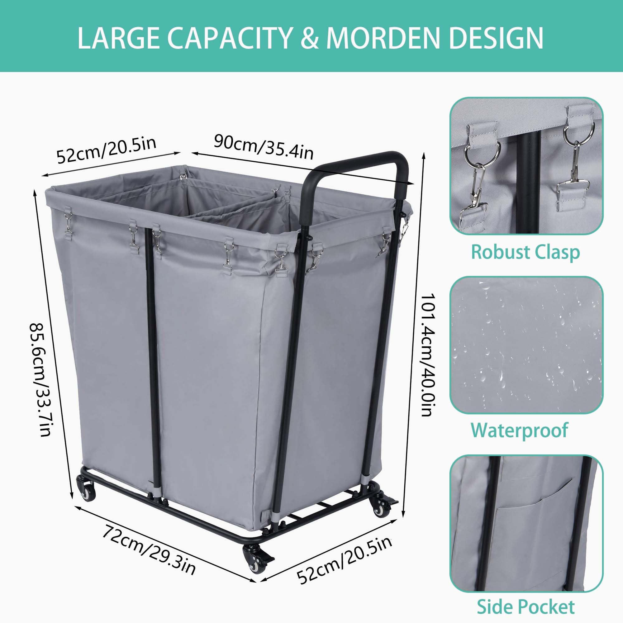 mopam 2 Section Laundry Hamper with Wheels, 240L Rolling Laundry Sorter Cart with Heavy Duty Metal Frame, Large Commercial Laundry Basket with Handles and Removable Oxford Bags, Gray