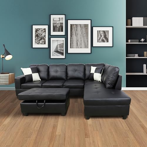 FUOROLA Lifestyle Right Facing Sectional Set, Sofa+Chaise+Ottoman, Black