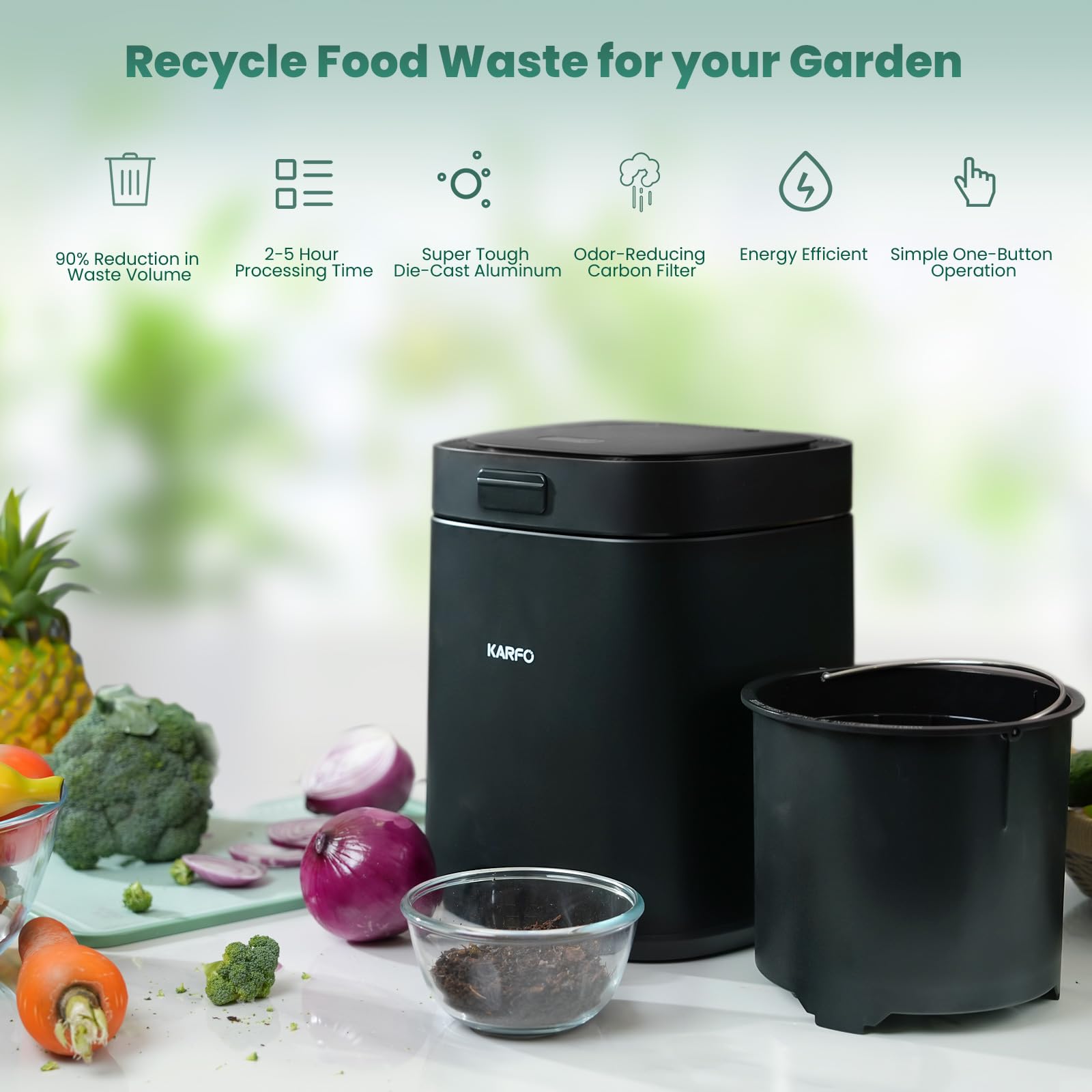 Karfo Electric Composter for Kitchen, Smart Compost Bin Outdoor/Indoor, Odorless Single-Button Auto Operation, Turn Food Waste to Fertilizer for Plants, Food Waste Compost Machine (Black)