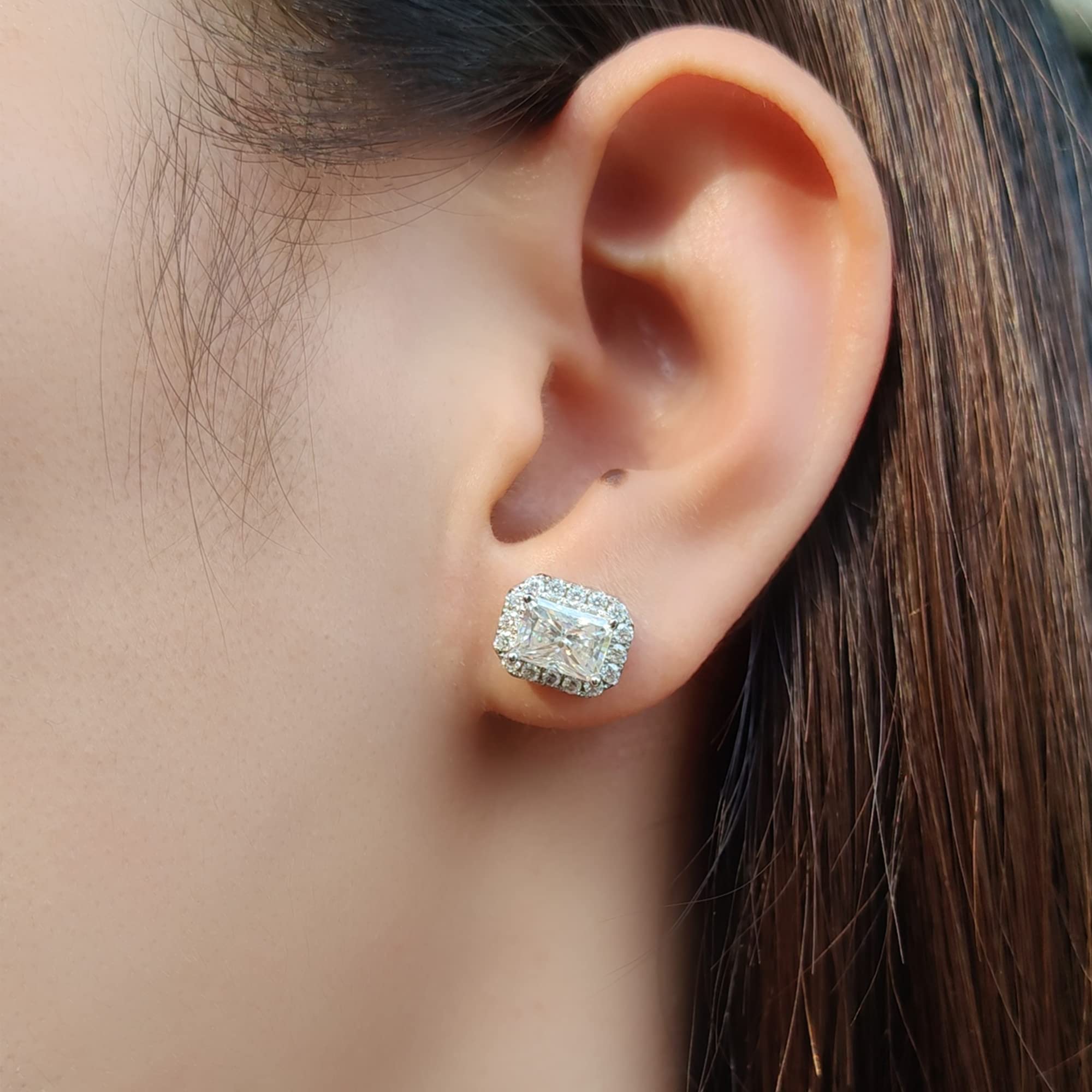 DovEggs Moissanite Stud Earrings for Women Solid 10K White Gold Post 2ct Center 5X7mm GHI Color Elongated Radiant Cut Moissanite Halo Stud Earring Accents Push Back Sterling Silver Earrings