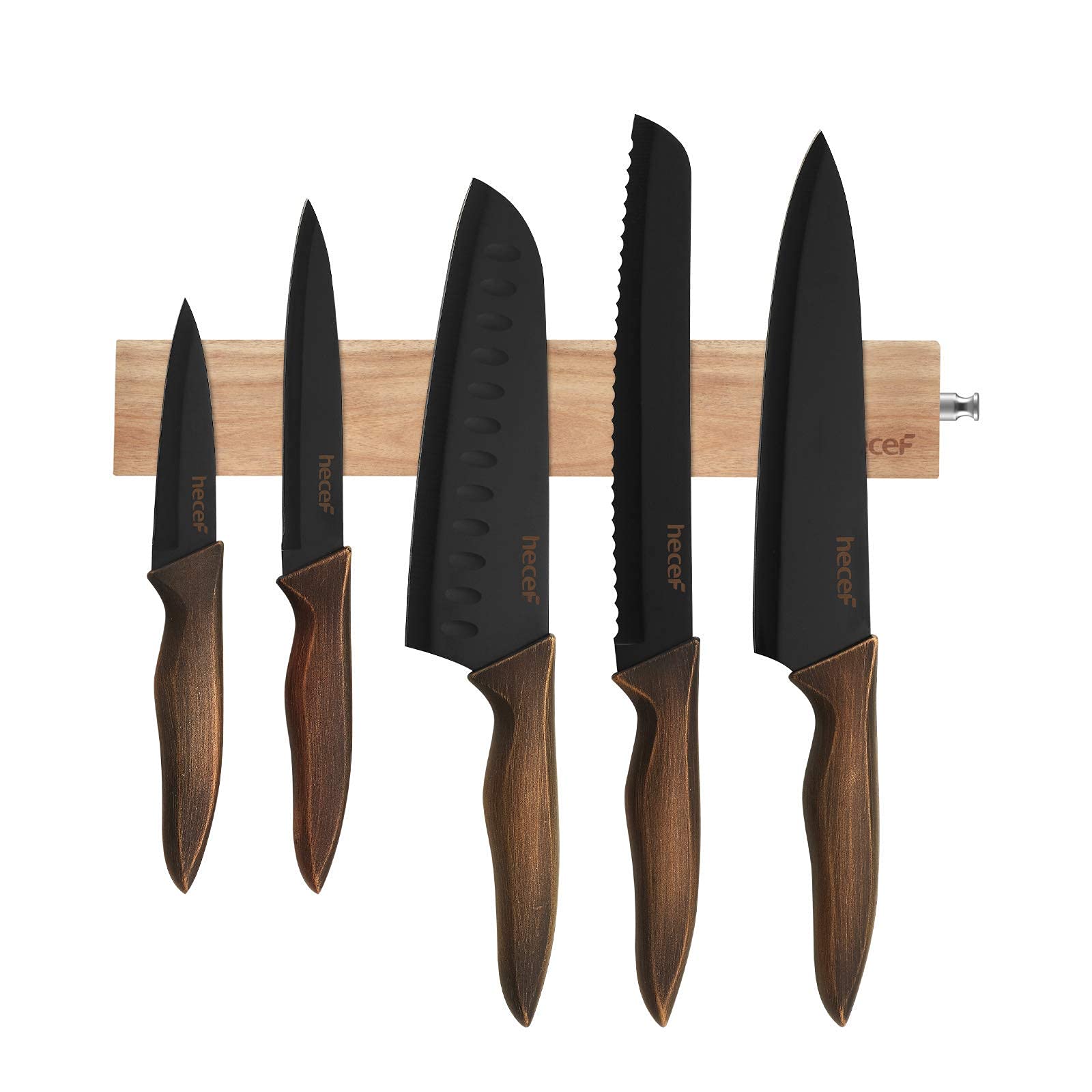 hecef Knife Set Black of 5 with 12 Inch Magnetic Knife Strip, Comes with Protective Blade Cover