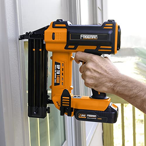 Freeman PE20VBR50 20 Volt Cordless 18-Gauge 2" Brad Nailer Kit with Lithium Ion Battery, Charger, Bag, and Nails (500 Count) – 1400 Shots per Charge