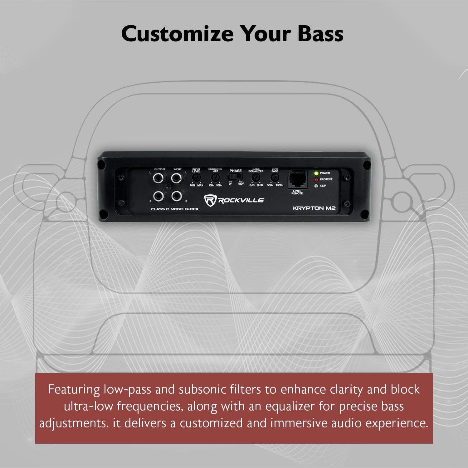 Rockville KRYPTON-M2 Mono Car Amplifier, 1 Ohm, 3000W, Class-D, EQ, Low Pass Filter, Dyno-Certified, Bass Remote, Perfect for Subwoofers and Car Audio