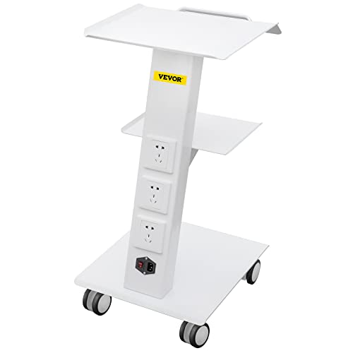VEVOR Lab Trolley, Rolling Lab Cart w/Built-in Socket, 3 Layers Tray Rolling Clinic Cart, 360° Silent Rolling Wheels w/Foot Brake, 88 lbs Weight Capacity Sturdy Steel Frame, for Lab Clinic Salon