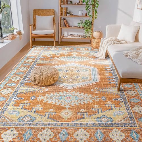 Kokia Area Rugs Living Room 9x12 Ultra-Thin Washable Orange Large Area Rug Dining Room Geometric Tribal Distressed Lightweight Foldable Carpet for Dining Room Home Office, Solani Orange-1