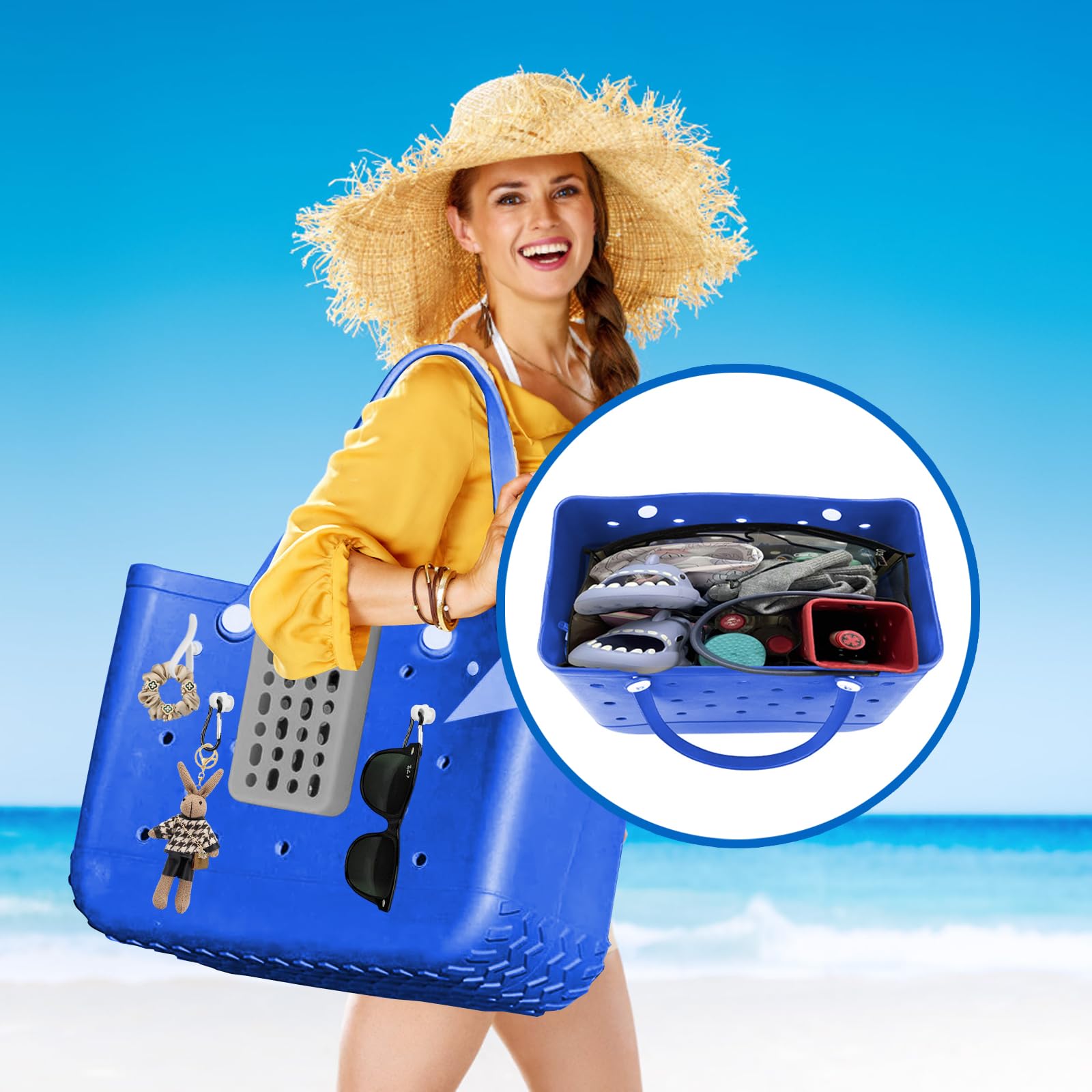 GYSYELL Clear Beach Bogg Bag Organizer and Silicone Cell Phone Holder Compatible with Bogg Bag X Large Size,Bogg Bag Accessories with Hooks,Organizing Your Bogg Bag and Divide Space(Black)