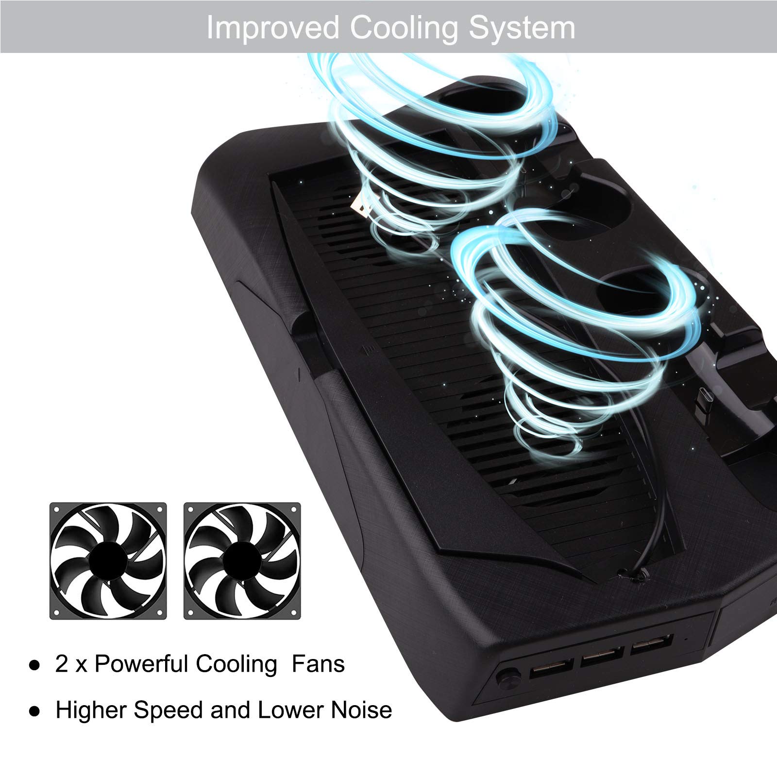 Cooling Fan Station Charging Dock Vertical Stand for PlayStation 5 PS5 with 3 USB Hubs, 2 DualSense Controller Charging Dock and 14 Games Slots