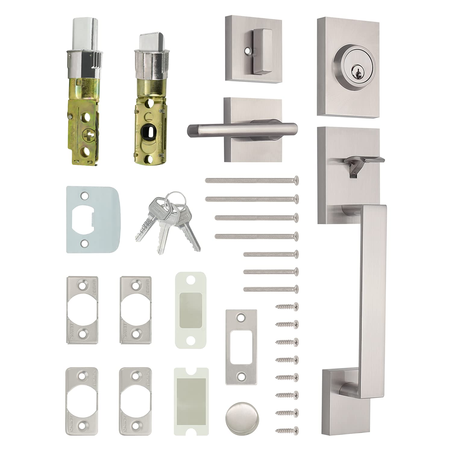 Nuk3y Haven Modern Handleset Front Door Entry Handle and Deadbolt with Reversible Inside Lever Trim (Square Hulk Lever Trim, Satin Nickel)