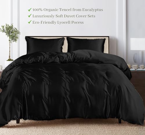Linenwalas Tencel Lyocell Duvet Cover Set with Deep Pocket Fitted Sheet, Viscose Made from Eucalyptus Soft, Lightweight and Breathable Complete Halloween Black Bedding Set (Jet Black, King)