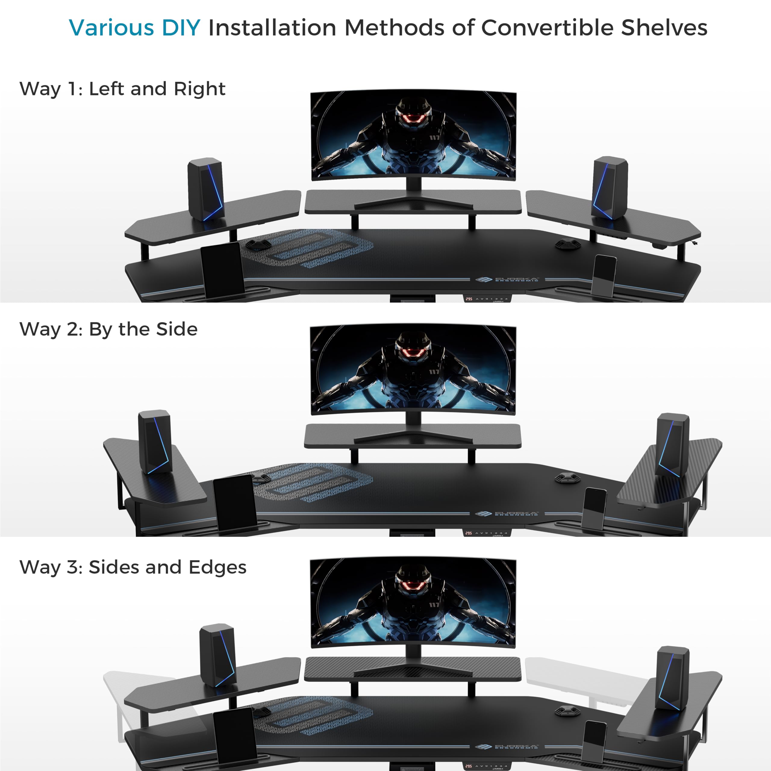 EUREKA ERGONOMIC Gaming Desk, Standing Desk Keyboard Tray, 72" Wing Shaped Music Studio Desk Electric Adjustable Height Desk Sit Stand Desk with LED Shelves, Gaming Recording Live Stream, Slot Design