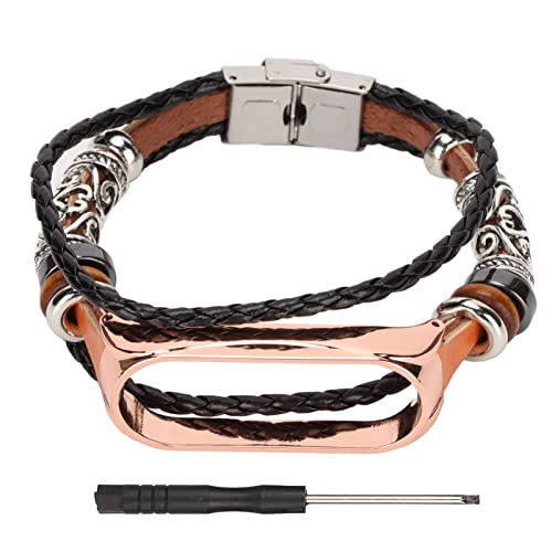 LANTRO JS Leather Smartwatch Band Replacement, Vintage Style Watch Wrist Strap for Mi Band 6/5 NFC, Brown/Silver Color Combination (brown gold)