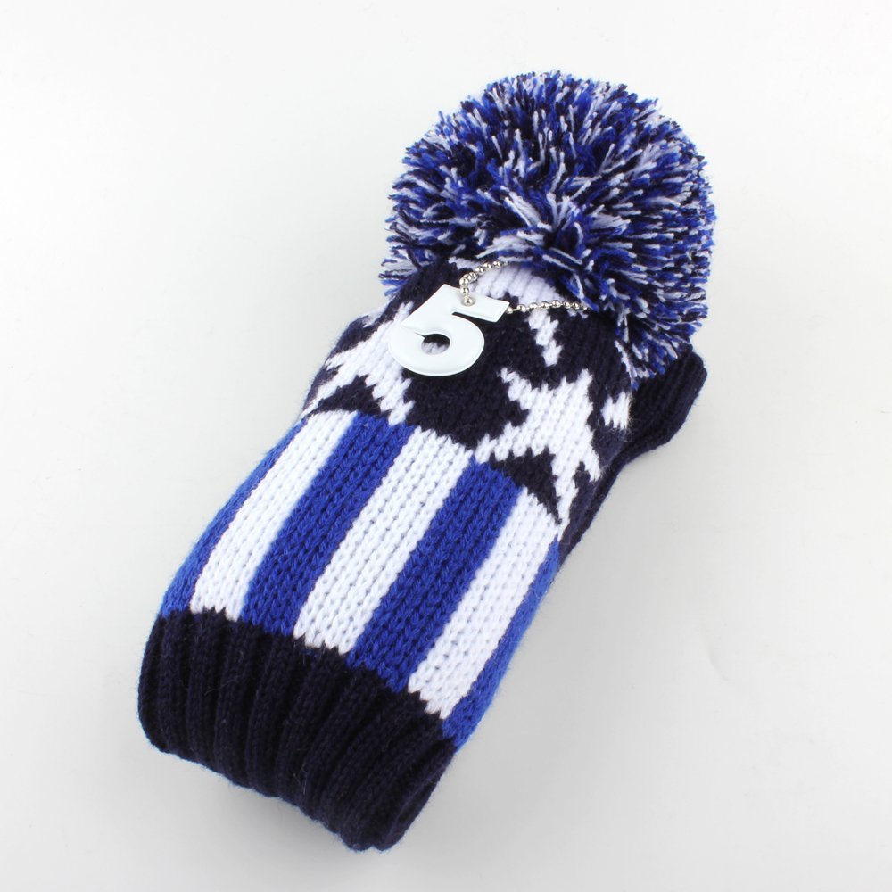 COOLSKY Golf USA Blue Star Stripes Pattern Set Knit Vintange Pom Pom Sock 3pcs Headcover Covers Available in Driver or Fairway/Hybrid Size