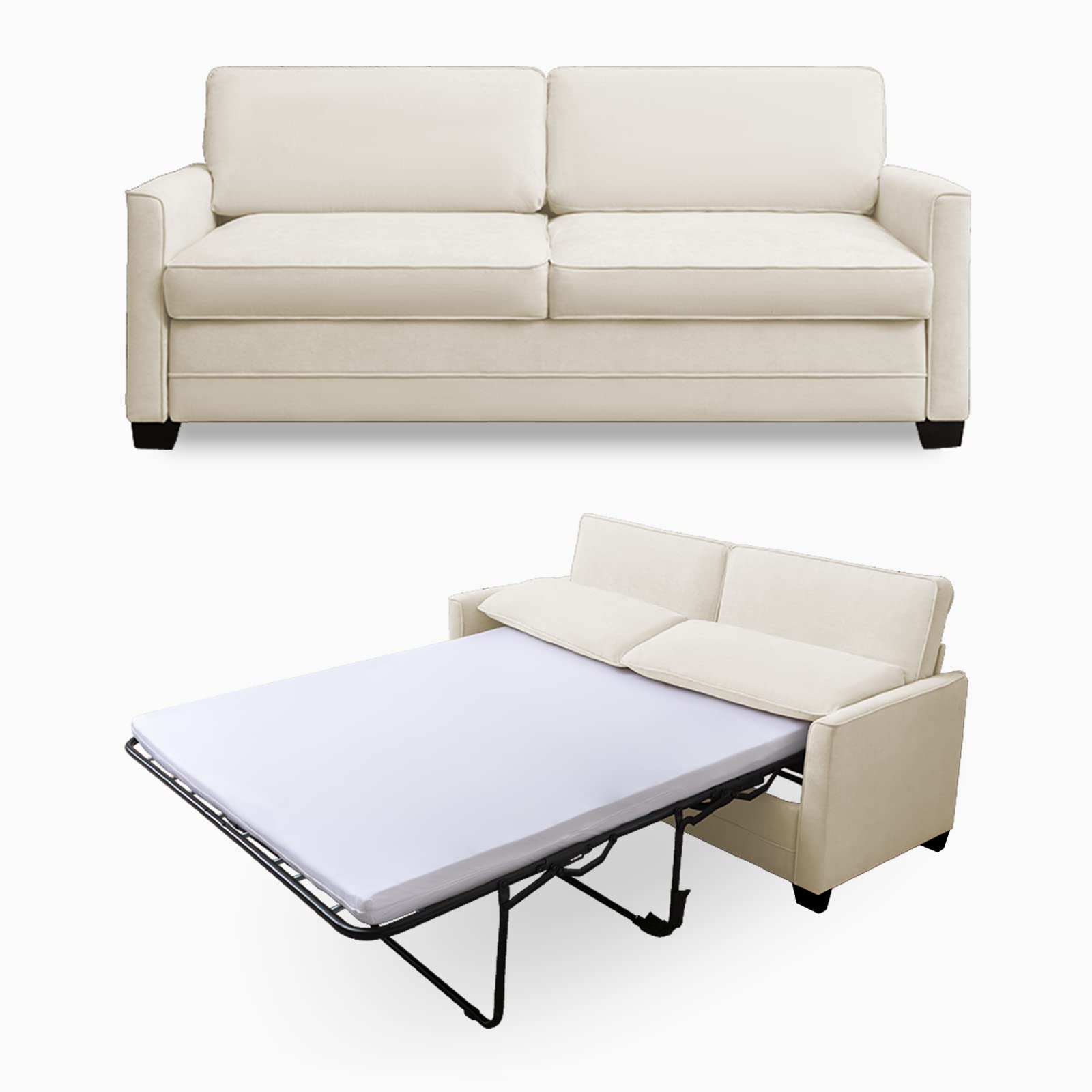 FRETSAE 2-in-1 Pull Out Sofa Bed, Convertible Velvet Sleeper Sofa Couch with Memory Foam Mattress, Large Sofa Pull Out Couch Bed for Living Room, Small Spaces, Queen Size, Beige