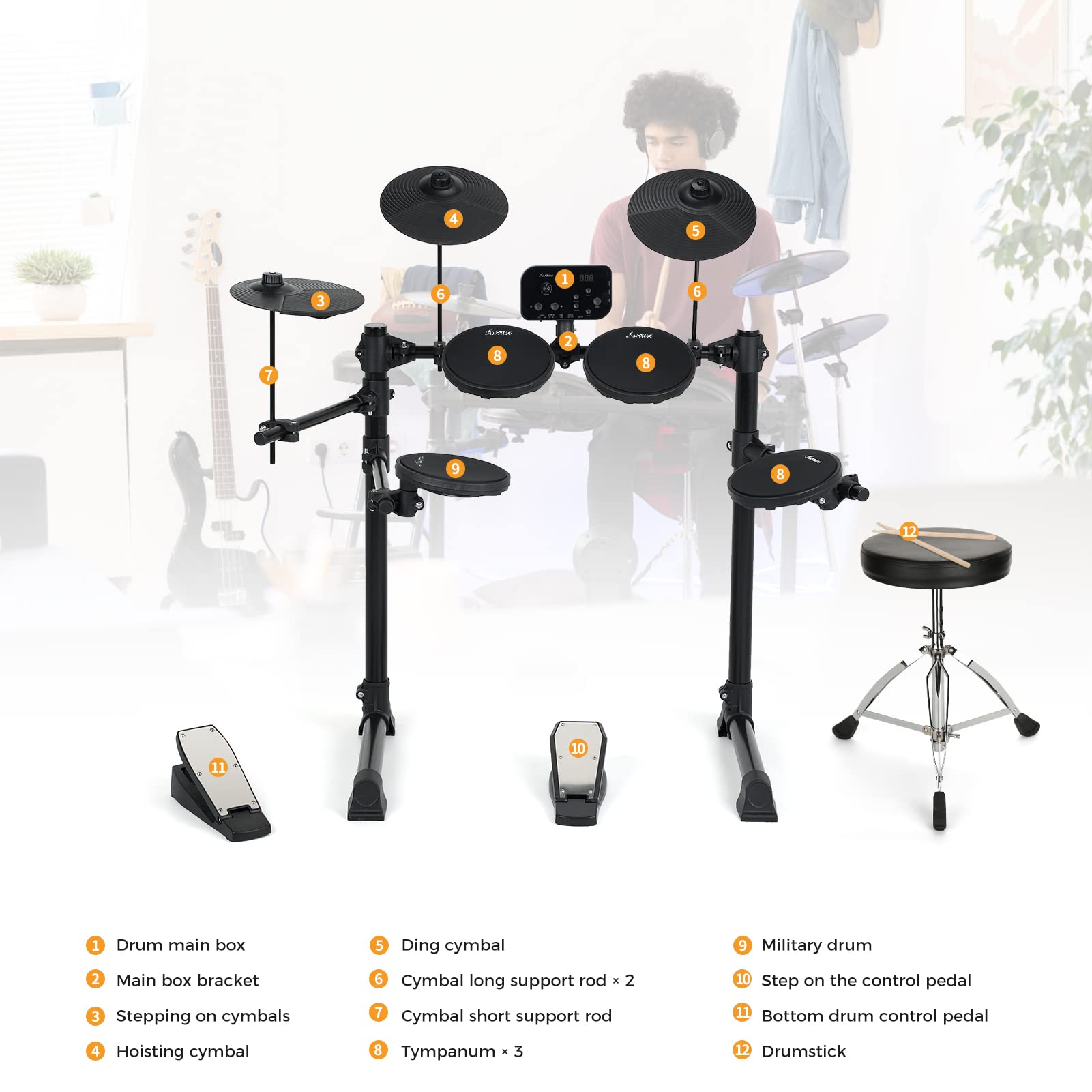 Electric Drum Set, Electronic Drum Kit for Kids and Beginner with 120 Sounds, 10 Demo Songs, Mesh Drums with Drum Throne, Sticks