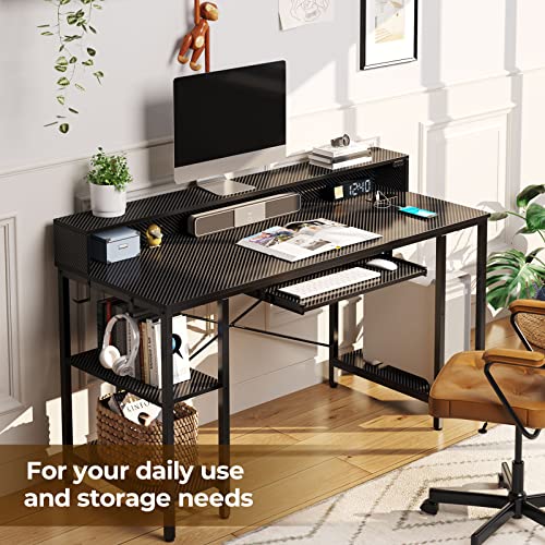 Rolanstar Computer Desk with LED Lights & Power Outlets, 55” Gaming Desk with Storage Shelves, Home Office Desk with Keyboard Tray & Monitor Stand, with Hooks, Carbon Fiber Surface Black