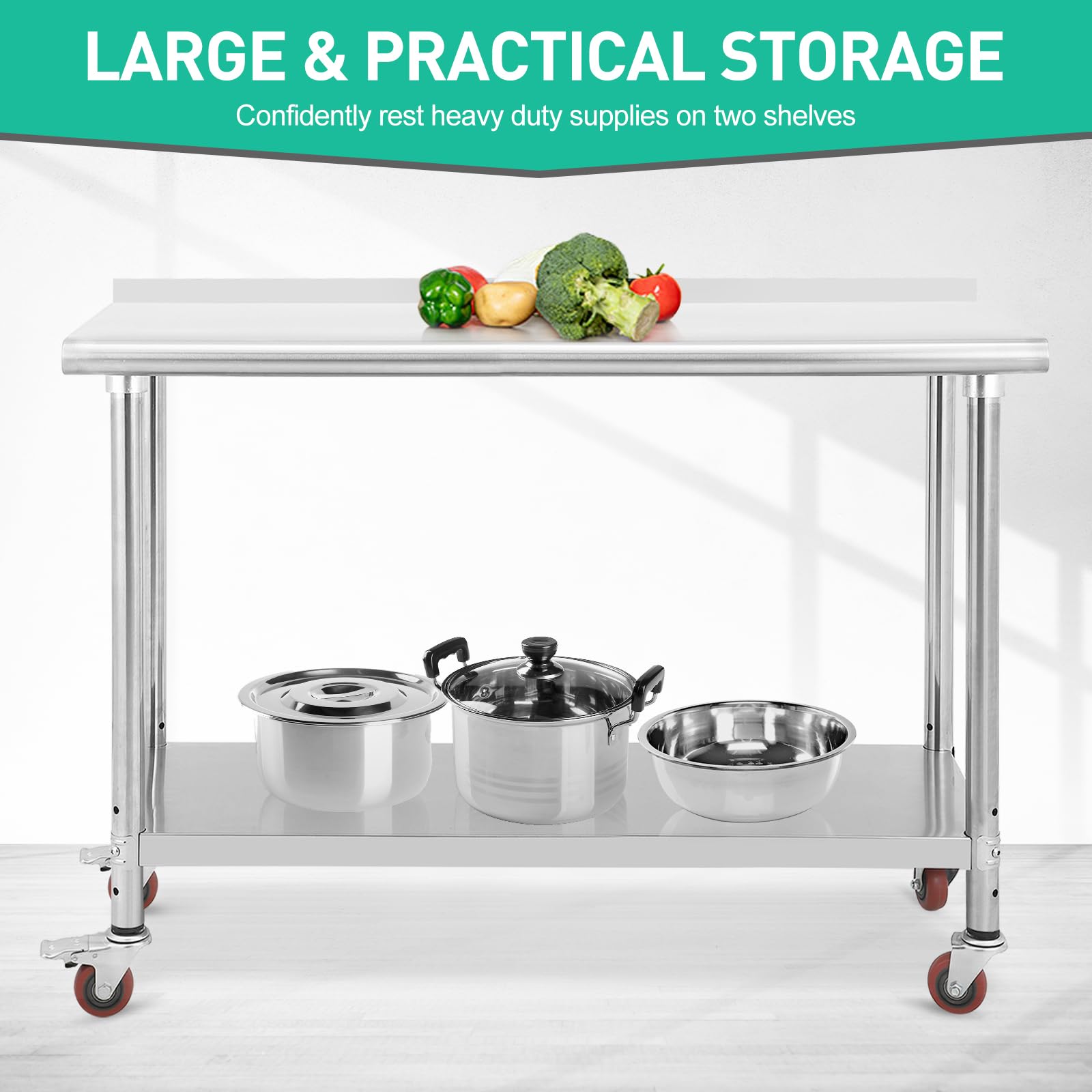 Garvee Stainless Steel Table, 60x24x35 in Metal Trolley Heavy Duty Double Tier Worktable with Casters Backsplash Food Preparation Stainless Steel Table for Kitchen Restaurant Commercial Workstation