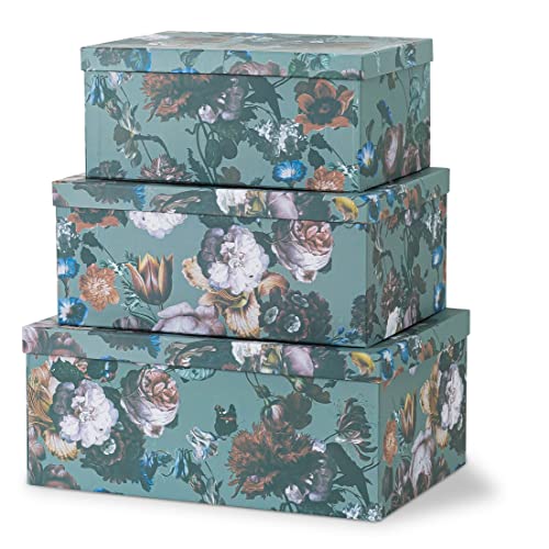 Soul & Lane Decorative Storage Cardboard Boxes with Lids | Elegance in Bloom - Set of 3 | Floral Moody Paperboard Nesting Boxes