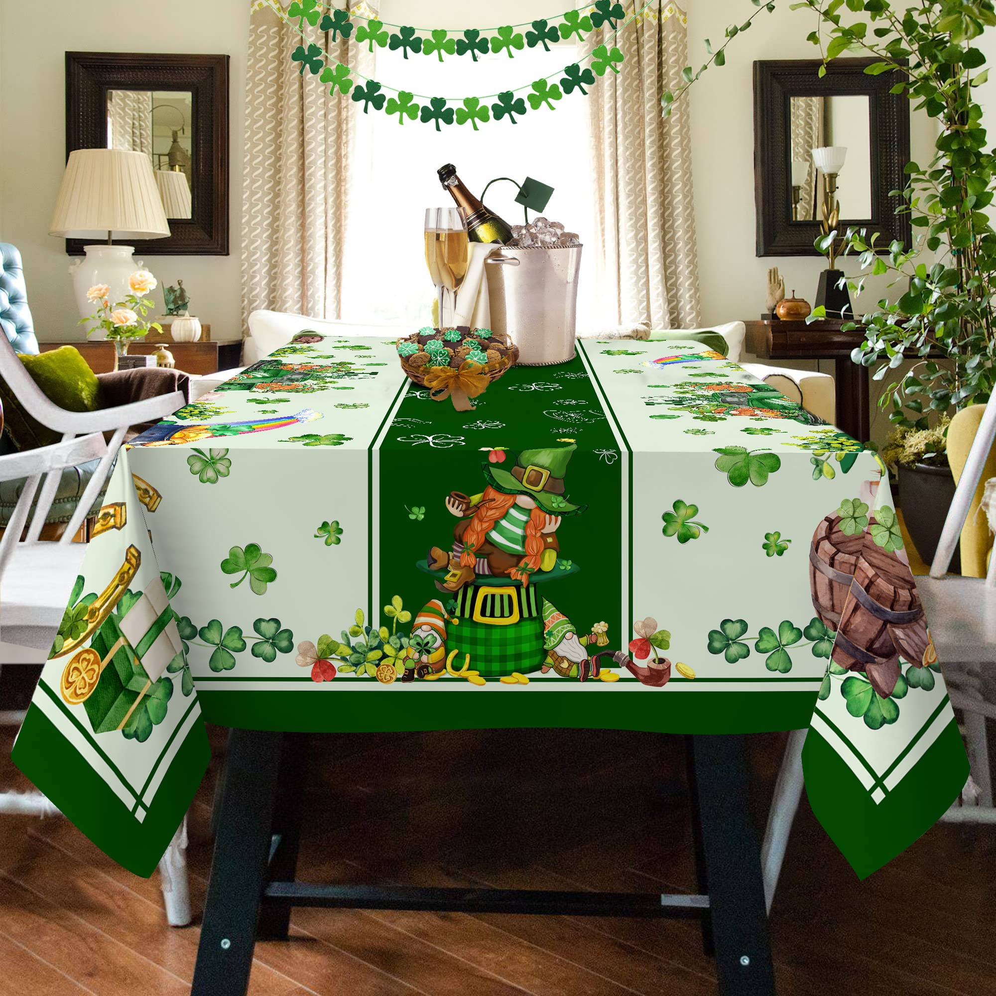 Hexagram St Patricks Day Tablecloth, Green Tablecloth Rectangle 60x84 inch, Gnomes Truck Gold Coins Holiday St Patricks Day Decorations for Home,Dinner,Party