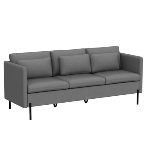 LINLUX 70 Inch Sofa Couch, 3 Seater Couches for Living Room, Comfy Sofas w/3 Pillows and Iron Legs, Fabric Sofa for Small Spaces, Bedroom, Office, Light Grey