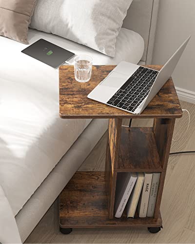 HILINSIE C Shaped End Table with Charging Station - Narrow Side Table with USB Ports and Outlets for Small Spaces, 3-Tier Storage Shelves Nightstand, 11.9 x 15.8 x 21.7 Inches, Rustic Brown