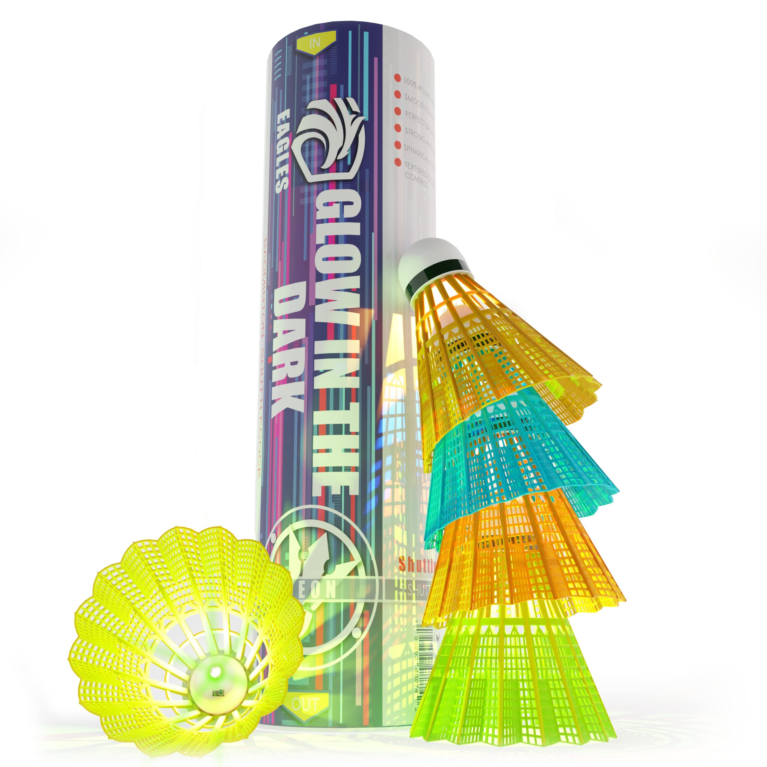 EAGLES LED Badminton Shuttlecocks - 5 Pack Lighting Birdies, Nylon Glow in The Dark Birdie Balls for Baseball Practice- Plastic Light Up Birdies for Outdoor Indoor Sports Activities