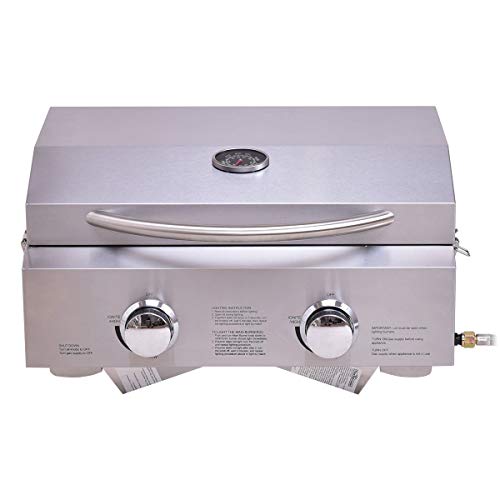Outdoor Kitchen Camping Backyard Cooking 2 Burner Portable Durable Stainless Steel BBQ Barbecue Picnic Silver Table Top Grill Foldable Leg Lockable Lid Built-In Thermometer Easy Storage Transport