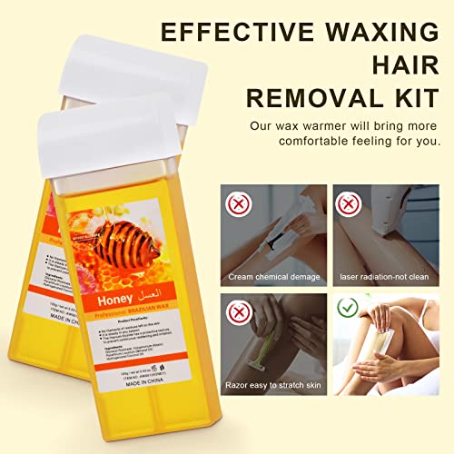 Roll On Wax Kit for Hair Removal, Honey Wax Roller Waxing Kit for Sensitive Skin at Home, Depilatory Soft Wax Warmer with 2 Cartridge Refill 10 Wax-removing wipes and 100pcs Wax Strips(Pink)